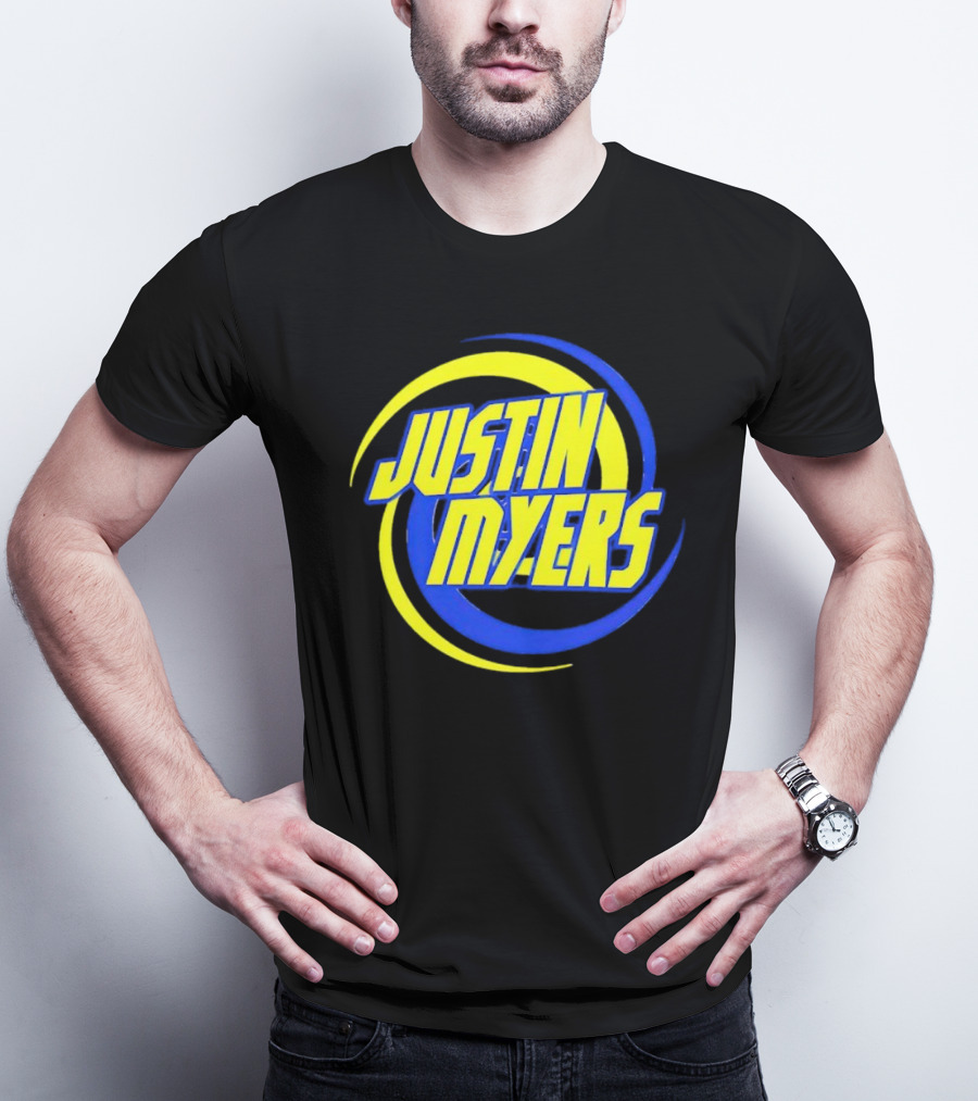 JUSTIN MYERS Blue Yellow Spiral Circle Text T-Shirt