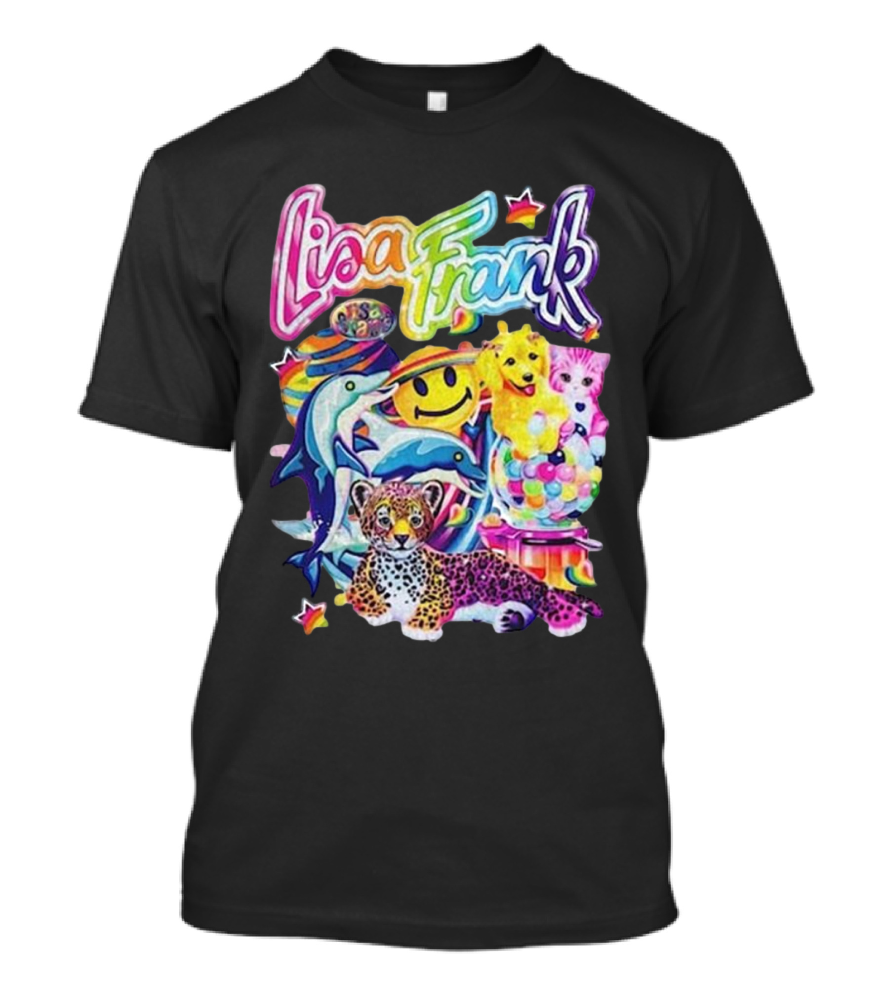 Lisa Frank Dolphins Leopard Smiley Face Rainbow Puppies T-Shirt