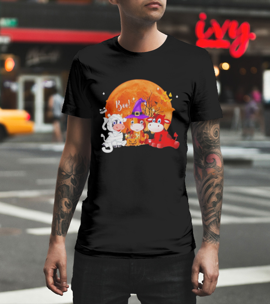 Boo Three Cow Halloween With Witch Hat Mummy And Devil In Front Of Full Moon T-Shirt