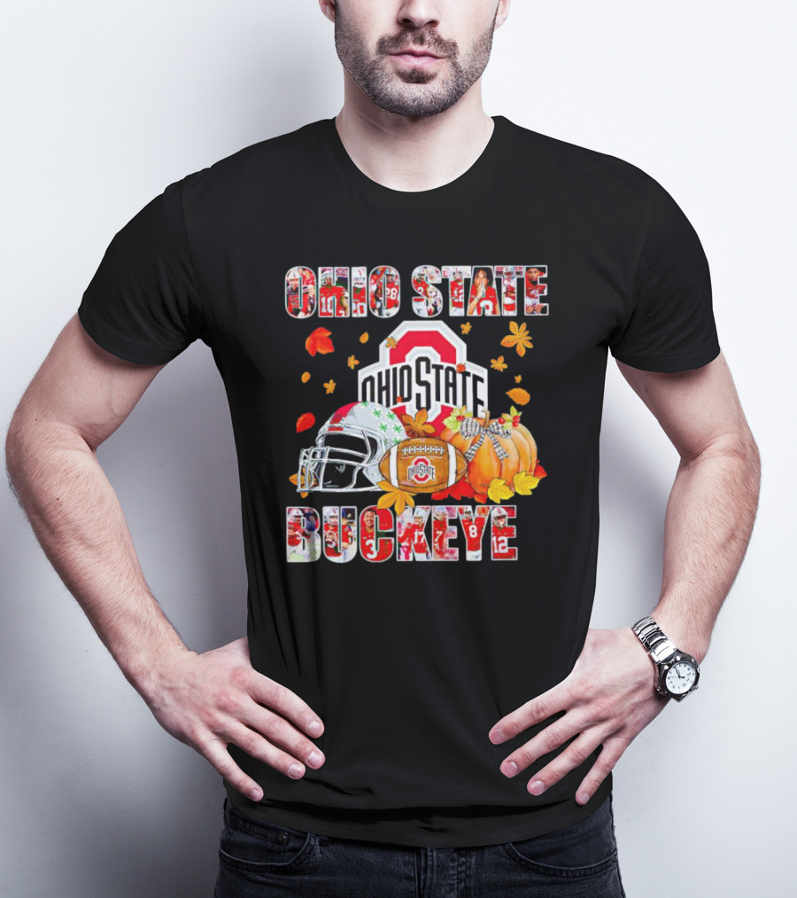 Ohio State Buckeyes Football Autumn Leaves Helmet Pumpkins T-Shirt