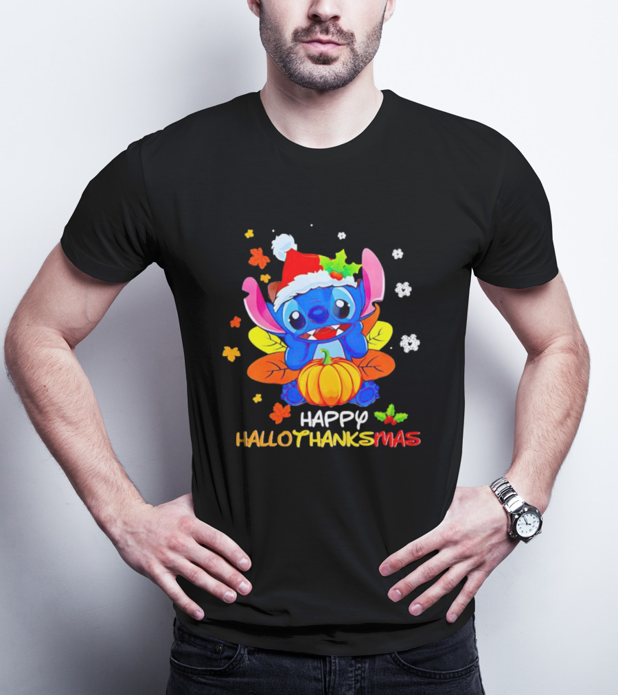 Stitch Happy Hallothanksmas Santa Hat Pumpkin Leaves Snowflakes T-Shirt