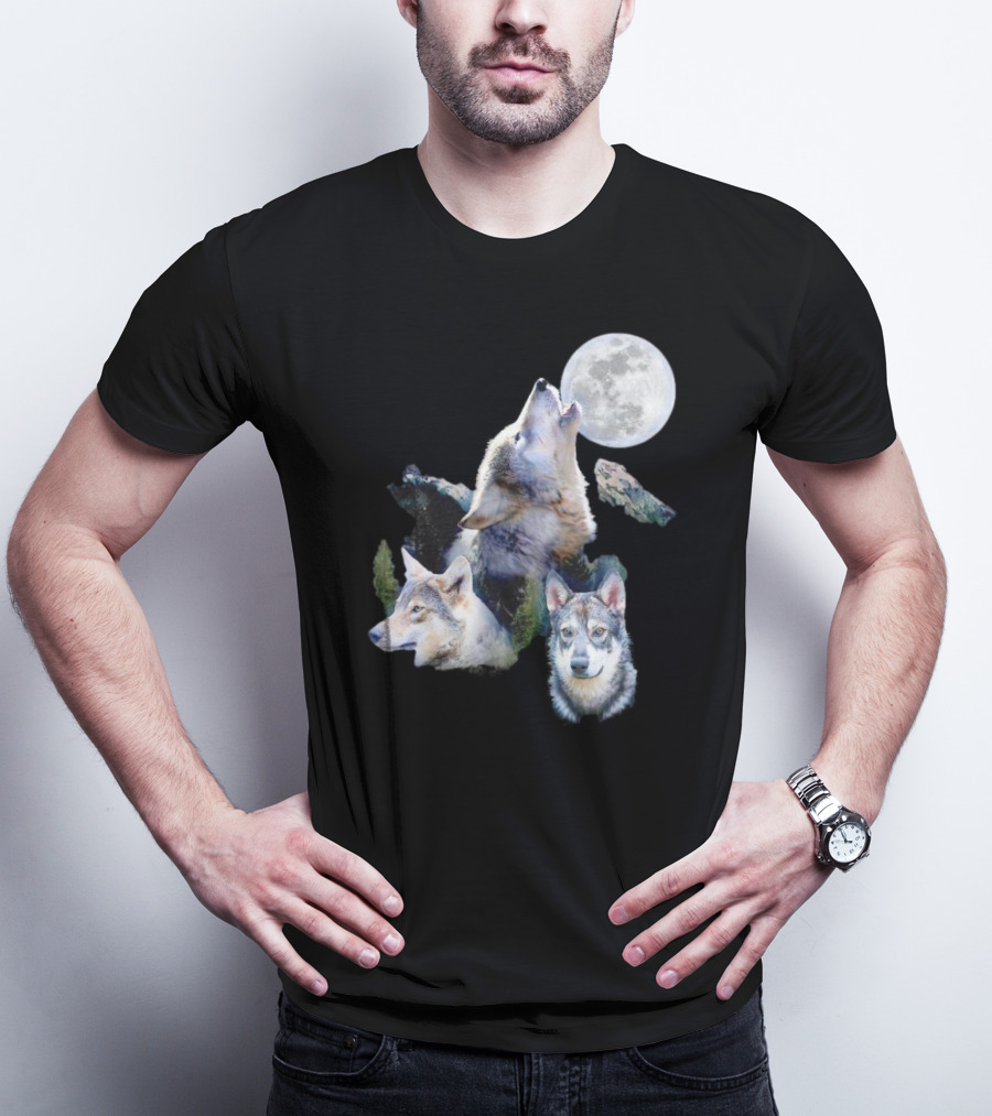 Gas Station Wolf Howling At Full Moon Trio T-Shirt