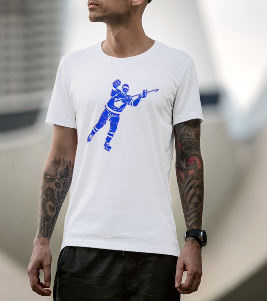 Auston Matthews Celebratory Pose Toronto Maple Leafs Player In Blue And White Hockey Gear T-Shirt