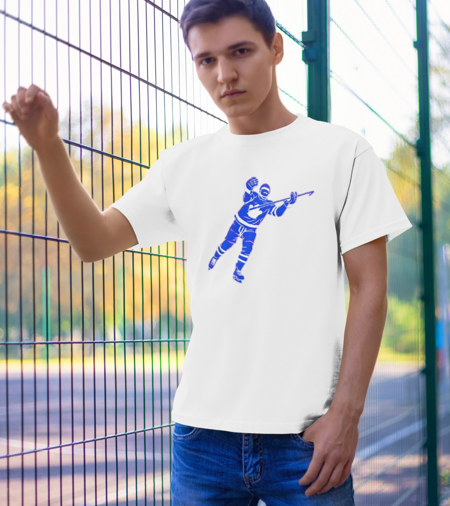 Auston Matthews Celebratory Pose Toronto Maple Leafs Player In Blue And White Hockey Gear T-Shirt