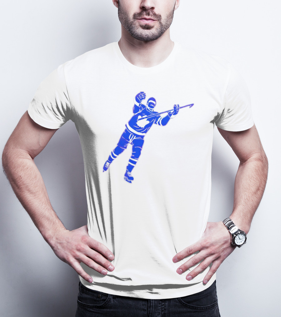 Auston Matthews Celebratory Pose Toronto Maple Leafs Player In Blue And White Hockey Gear T-Shirt