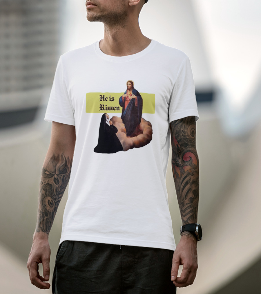He Is Rizzen Jesus With Nun Praying On Cloud T-Shirt