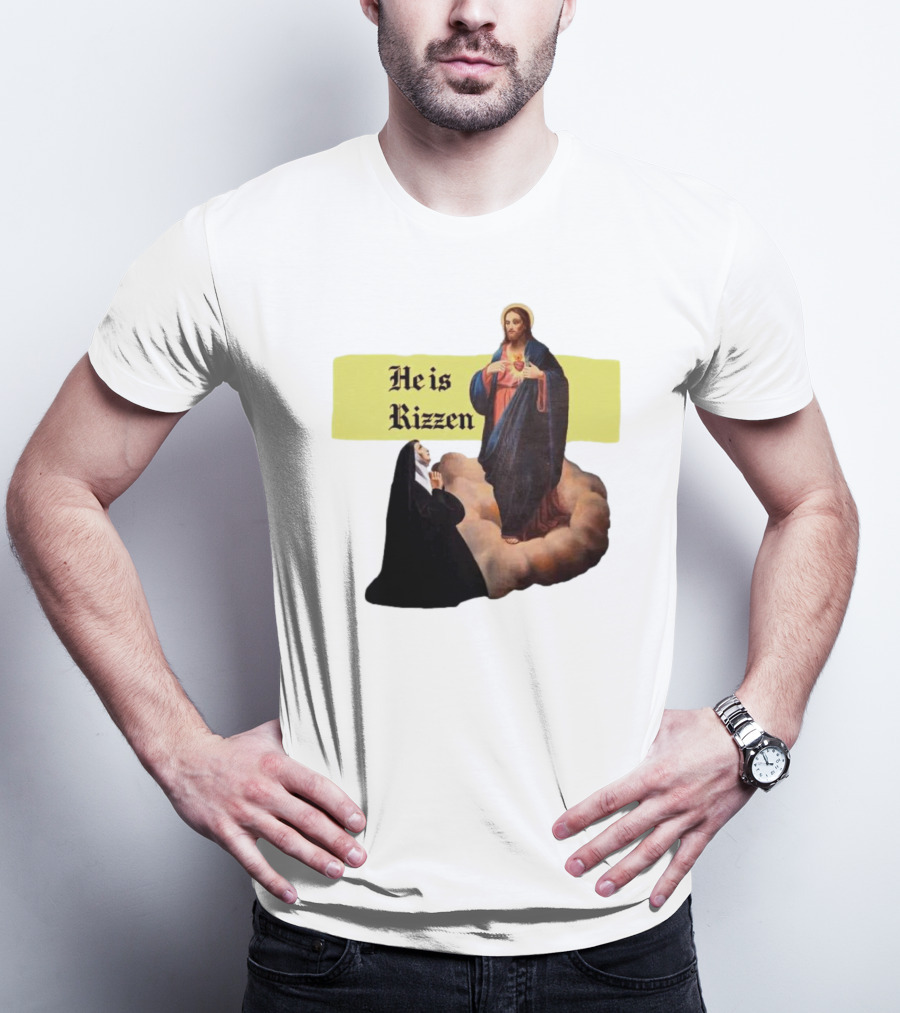 He Is Rizzen Jesus With Nun Praying On Cloud T-Shirt