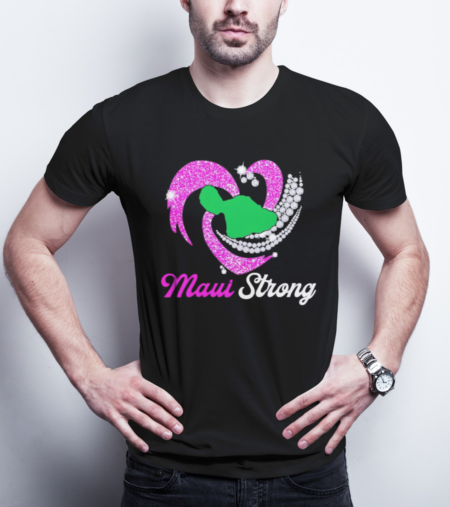 Maui Strong Pink Glitter Heart With Green Island And Diamond Accents T-Shirt
