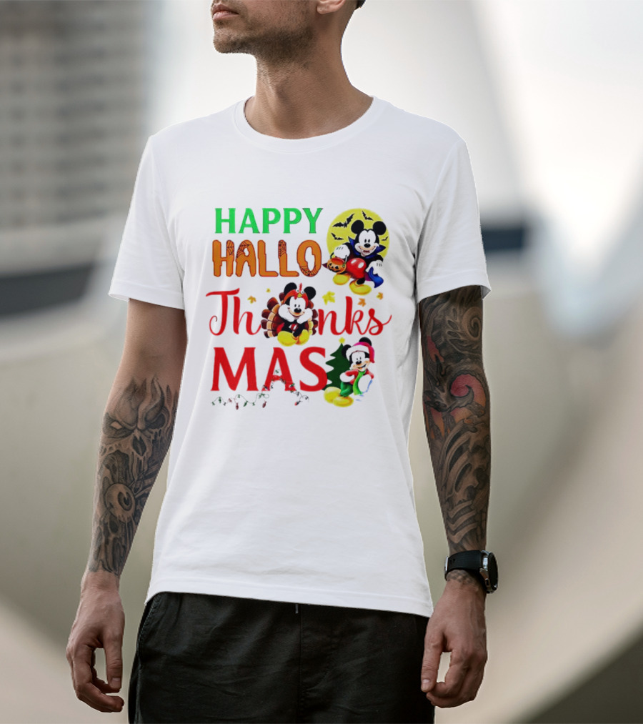 Mickey Mouse Happy Hallothanksmas Halloween Thanksgiving Christmas T-Shirt