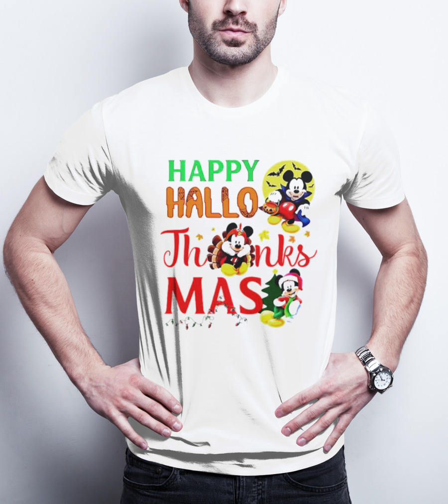 Mickey Mouse Happy Hallothanksmas Halloween Thanksgiving Christmas T-Shirt