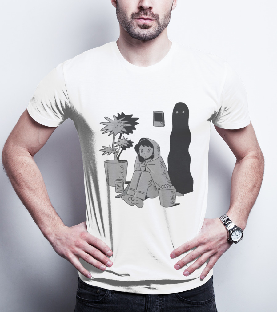 Phantom Cozy: Ghostly Companion And Snuggled Figure With Plant And Snacks T-Shirt