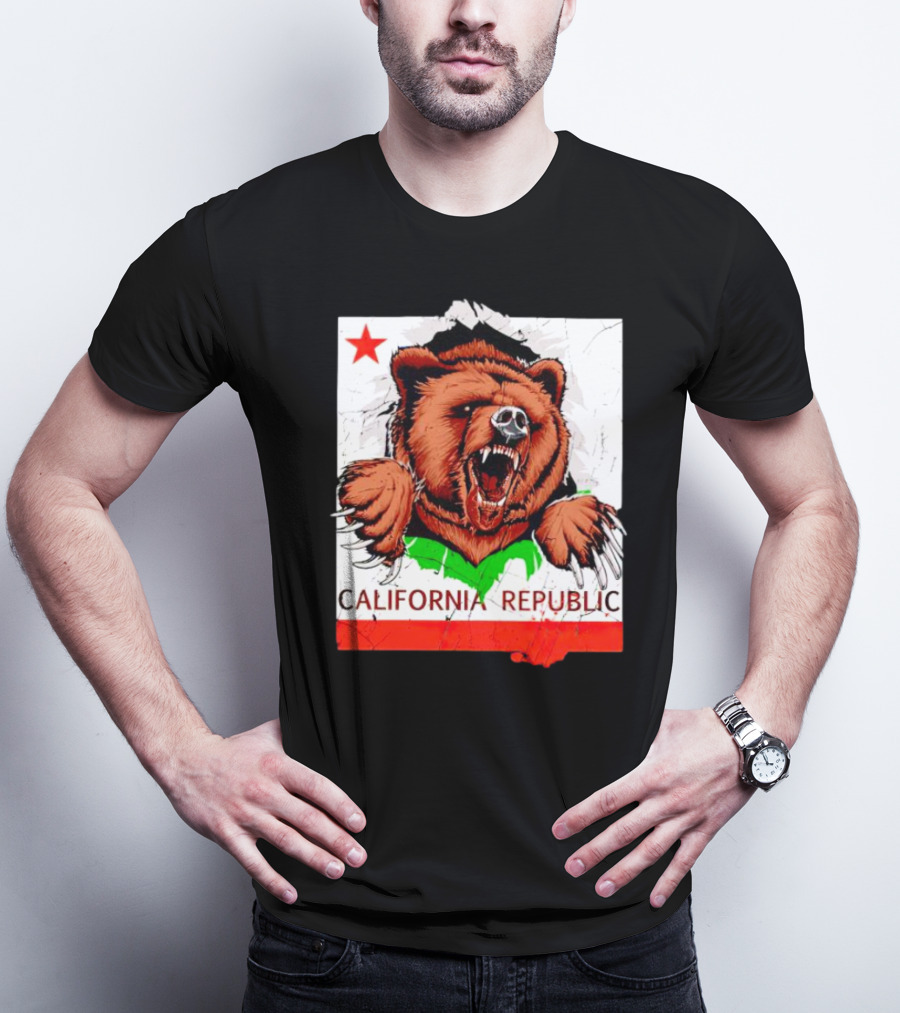 California Republic Bear Roaring Star Red Stripe T-Shirt