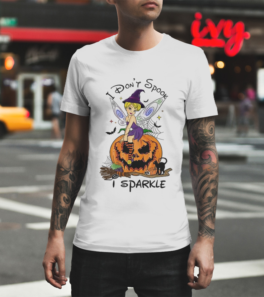 I Don’t Spook I Sparkle Witch Fairy On Pumpkin Halloween Scene T-Shirt