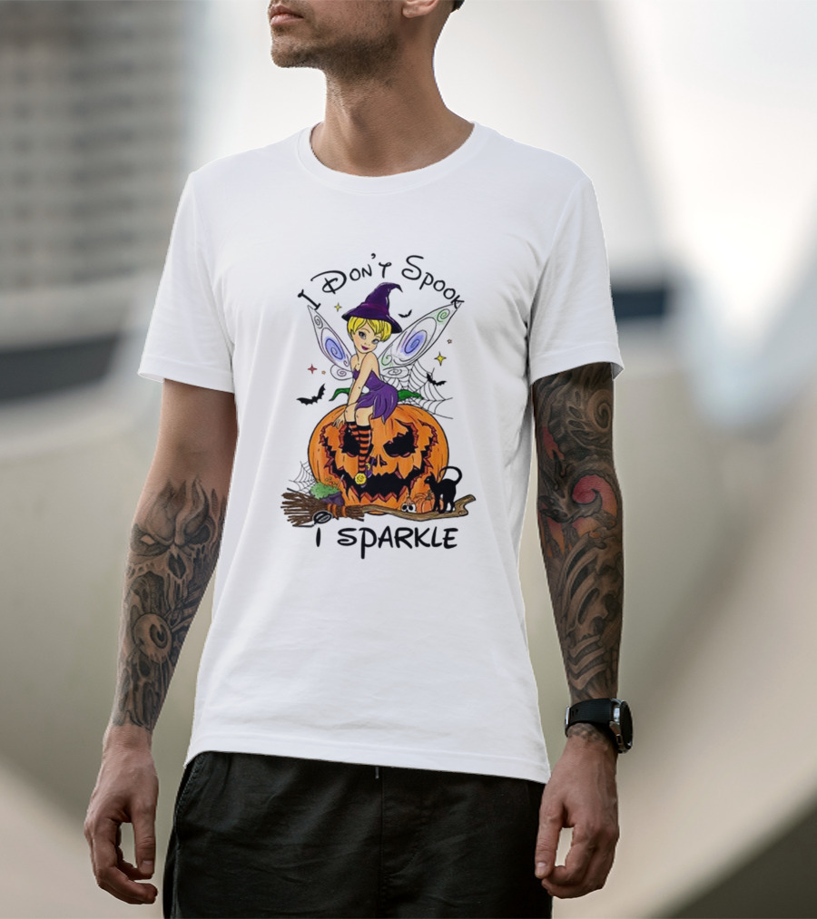 I Don’t Spook I Sparkle Witch Fairy On Pumpkin Halloween Scene T-Shirt