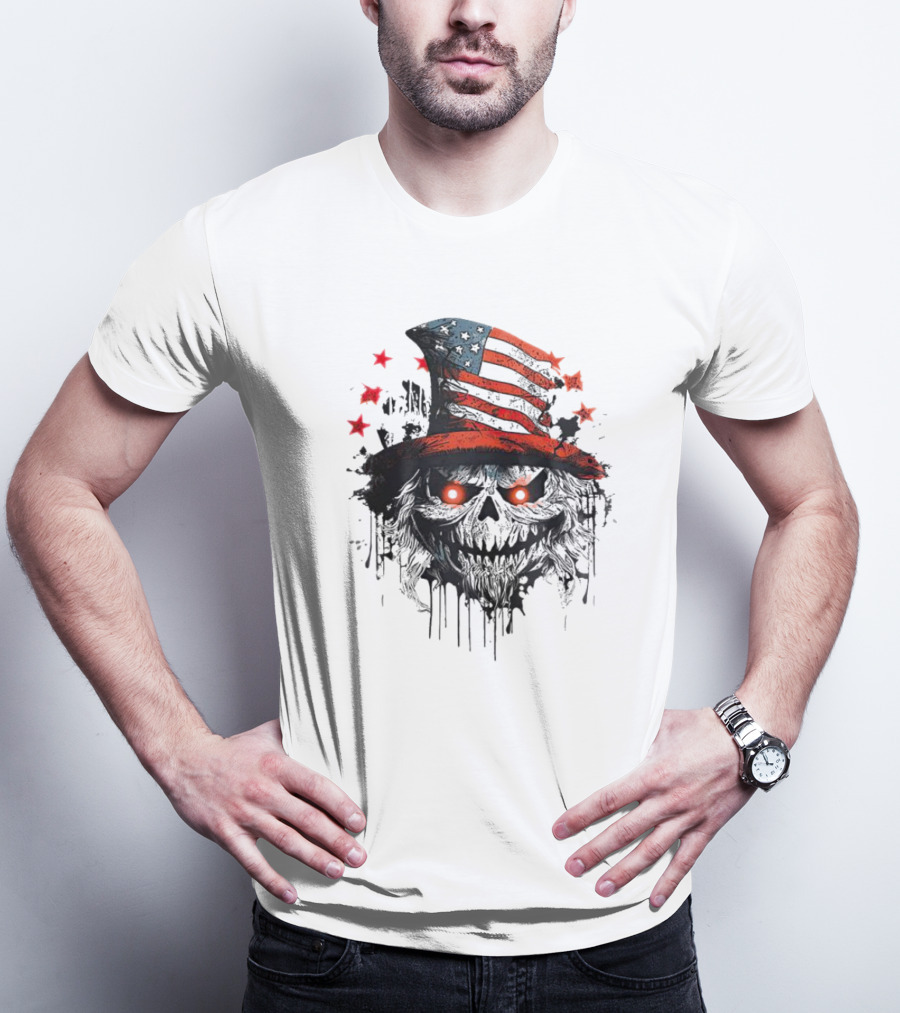 Uncle Sam Skull With American Flag Hat And Red Stars T-Shirt