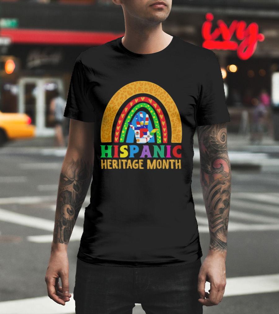 Hispanic Heritage Month Rainbow With Flag Mosaic Hand T-Shirt