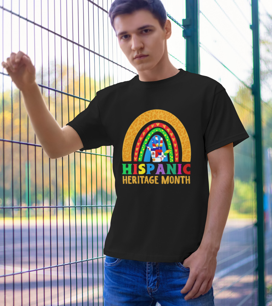 Hispanic Heritage Month Rainbow With Flag Mosaic Hand T-Shirt