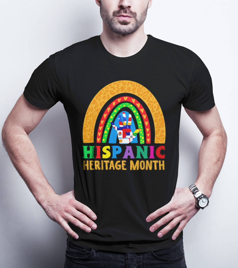 Hispanic Heritage Month Rainbow With Flag Mosaic Hand T-Shirt