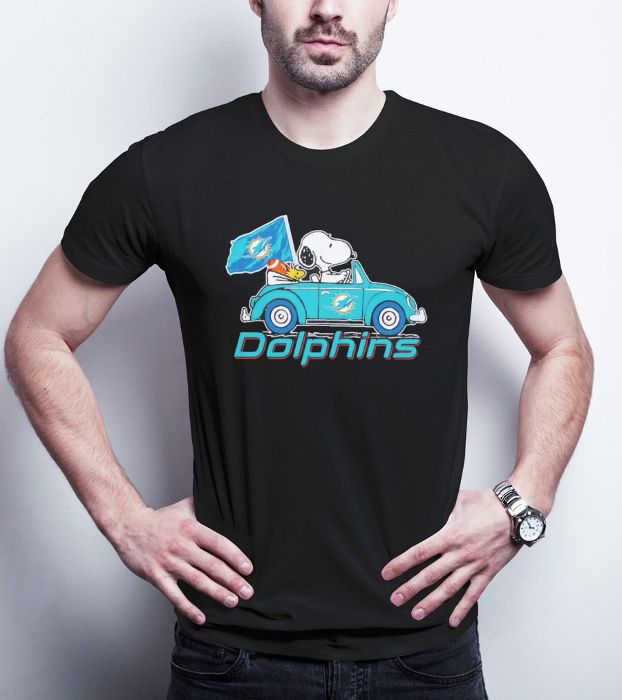 Snoopy And Woodstock Driving Car Miami Dolphins Flag T-Shirt