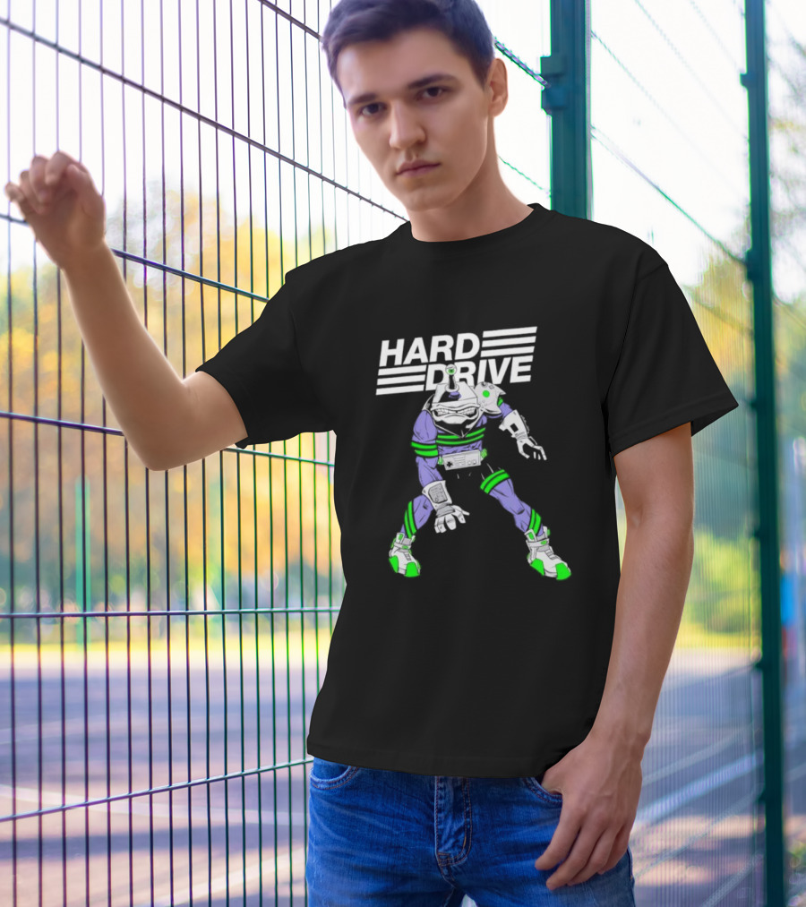 HARD DRIVE Futuristic Cyborg With Green And Purple Accents T-Shirt