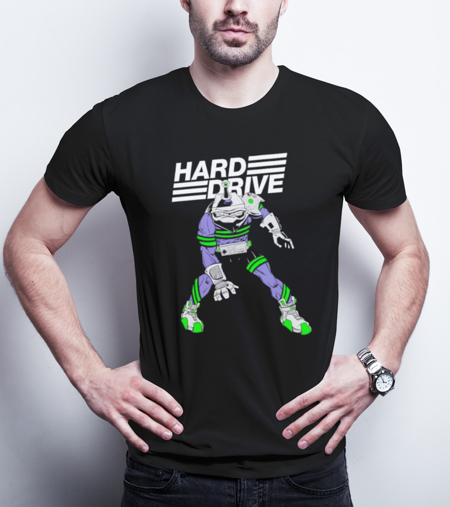 HARD DRIVE Futuristic Cyborg With Green And Purple Accents T-Shirt