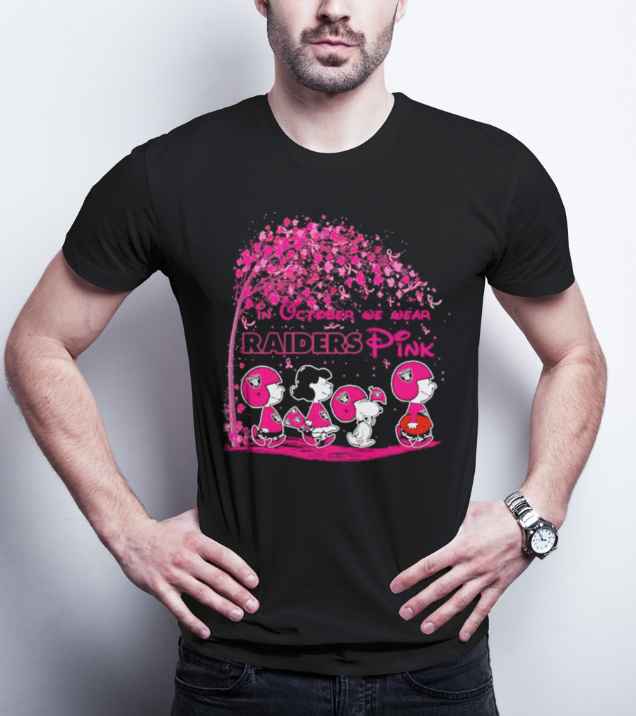 In October We Wear Raiders Pink Peanuts Breast Cancer Awareness T-Shirt