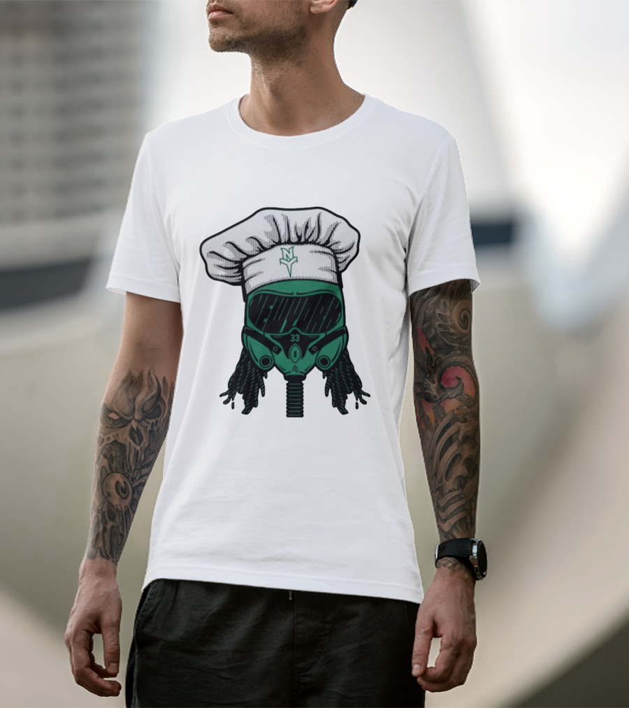 Jet Pilot Cook Chef Hat And Mask With Green Helmet And Braids T-Shirt