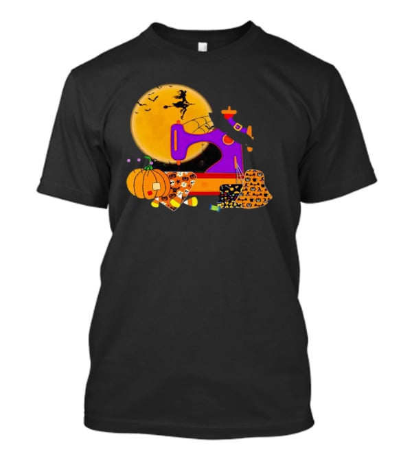 Halloween Witch Flying Over Sewing Machine With Pumpkins And Patchwork T-Shirt