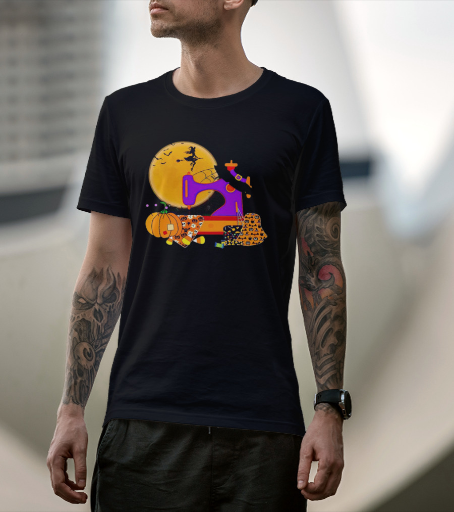 Halloween Witch Flying Over Sewing Machine With Pumpkins And Patchwork T-Shirt