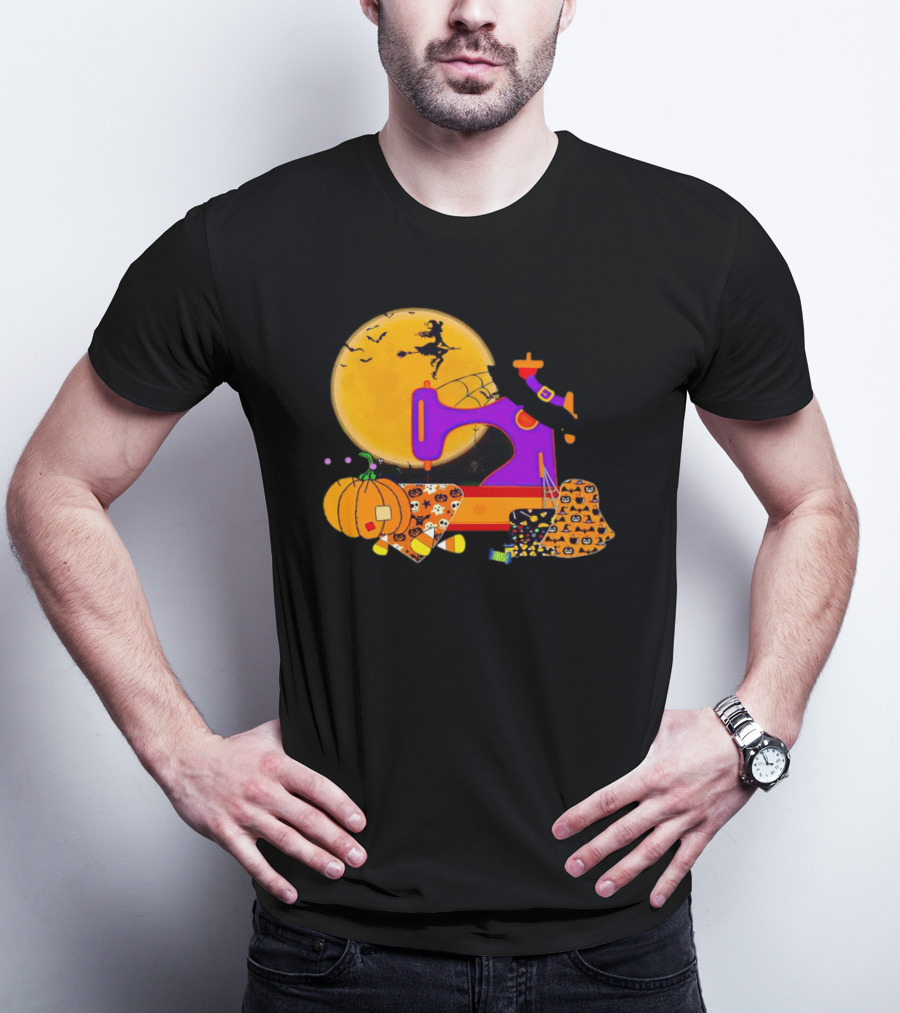 Halloween Witch Flying Over Sewing Machine With Pumpkins And Patchwork T-Shirt
