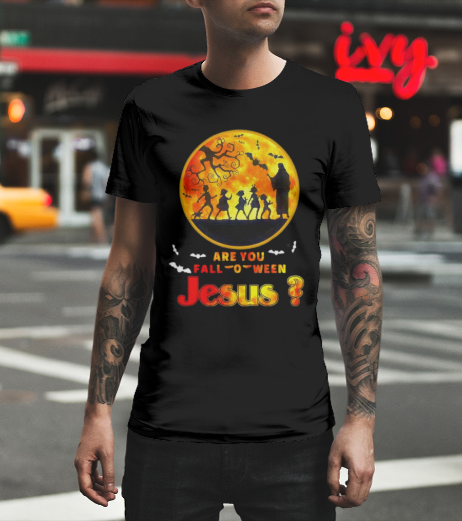 Are You Fall O Ween Jesus Halloween Silhouette With Bats And Tree T-Shirt