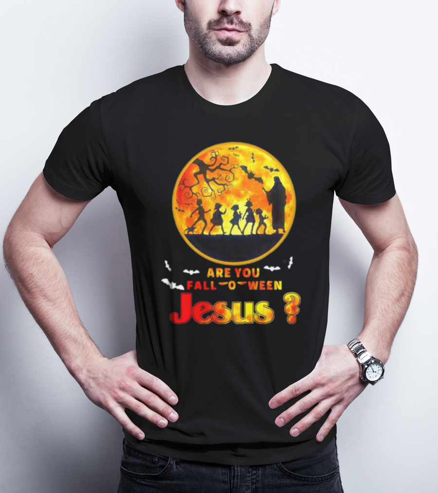 Are You Fall O Ween Jesus Halloween Silhouette With Bats And Tree T-Shirt