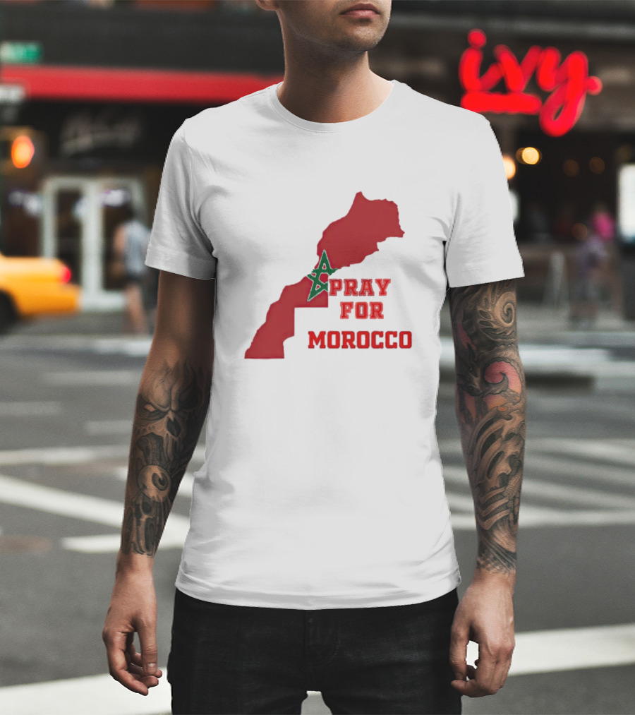 Pray For Morocco Map With Green Star And Red T-Shirt