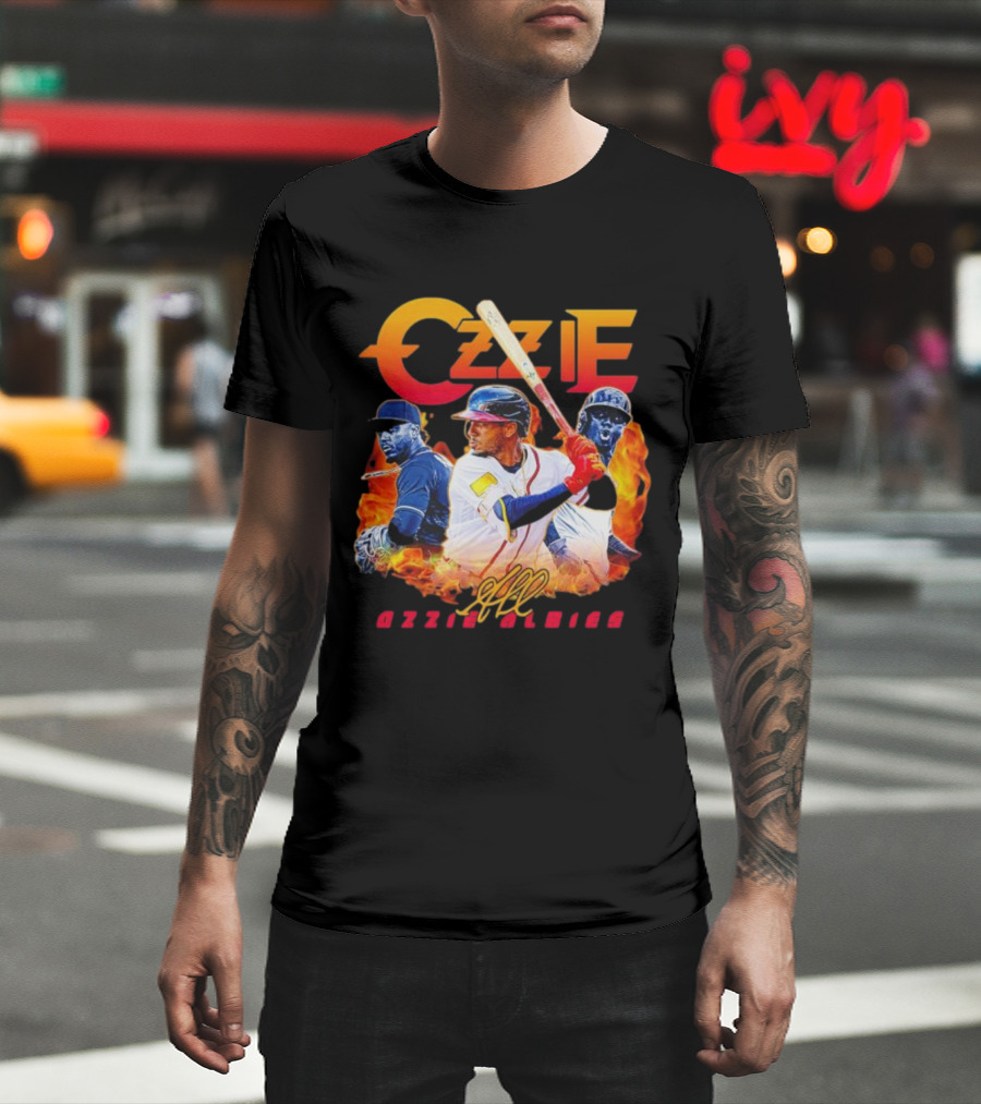 Ozzie Albies MLB Flame Graphic With Signature T-Shirt