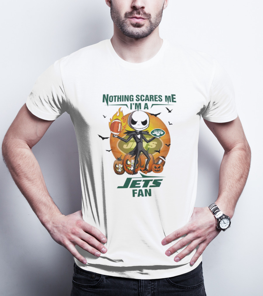 Jack Skellington Nothing Scares Me I'm A New York Jets Fan Halloween Pumpkins Football T-Shirt