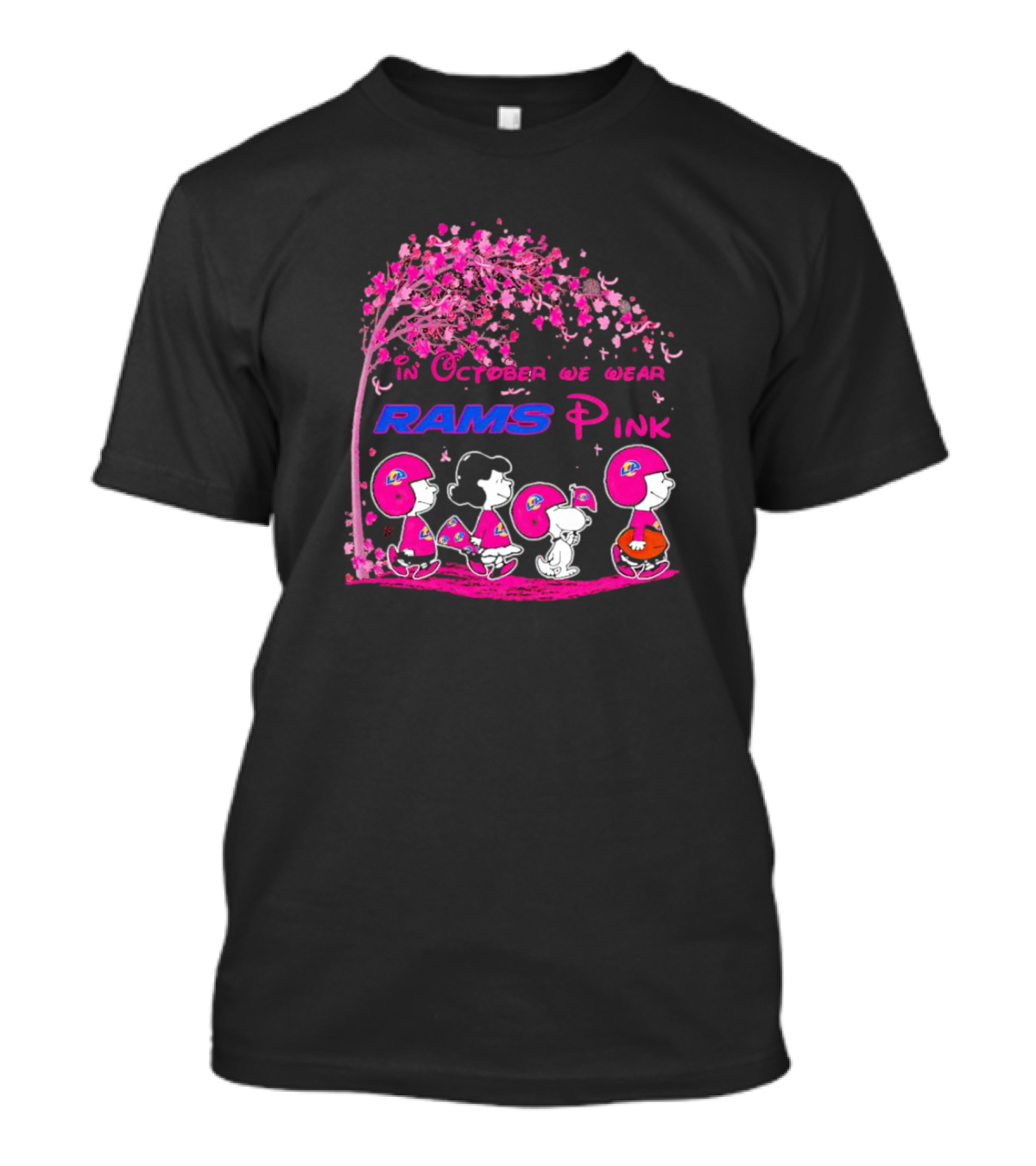 In October We Wear Rams Pink Peanuts Characters Los Angeles Breast Cancer T-Shirt