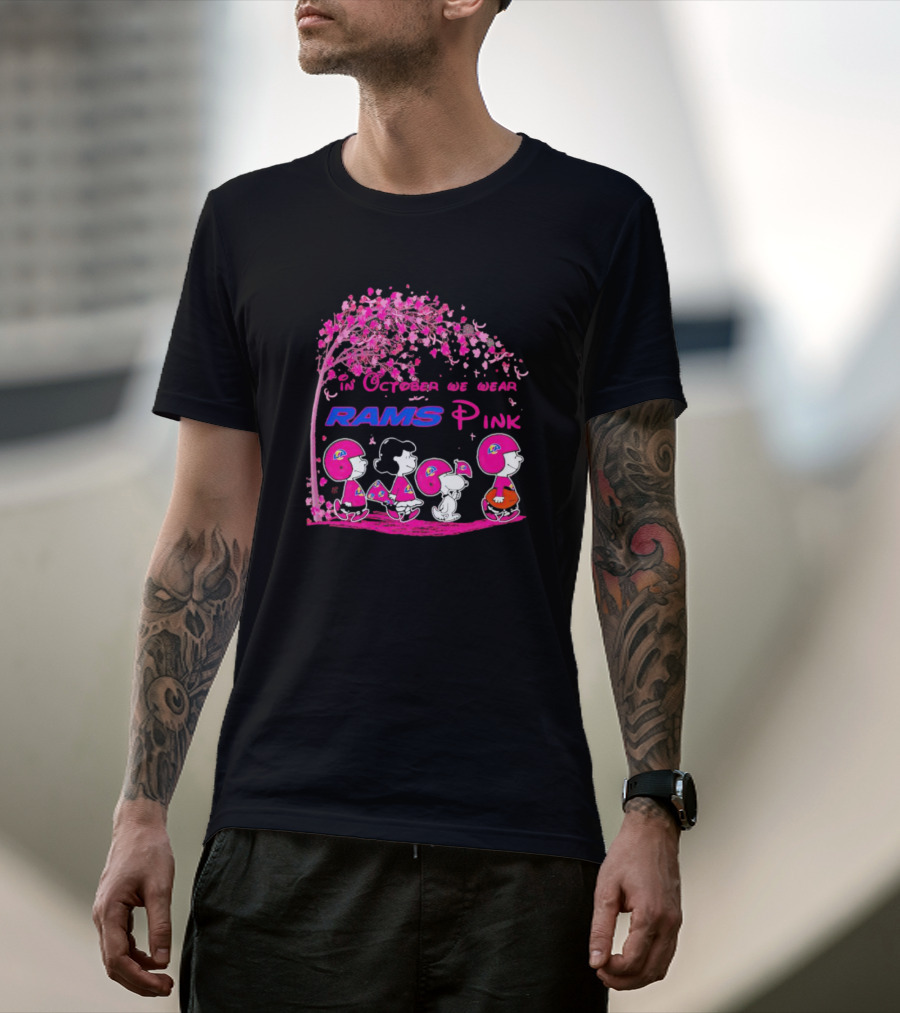 In October We Wear Rams Pink Peanuts Characters Los Angeles Breast Cancer T-Shirt
