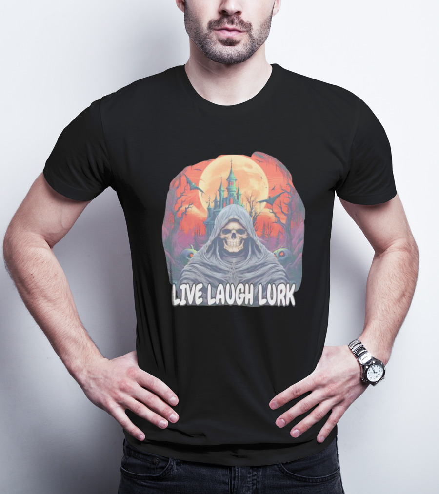 Live Laugh Lurk Skeleton Haunted Castle Bats Full Moon T-Shirt