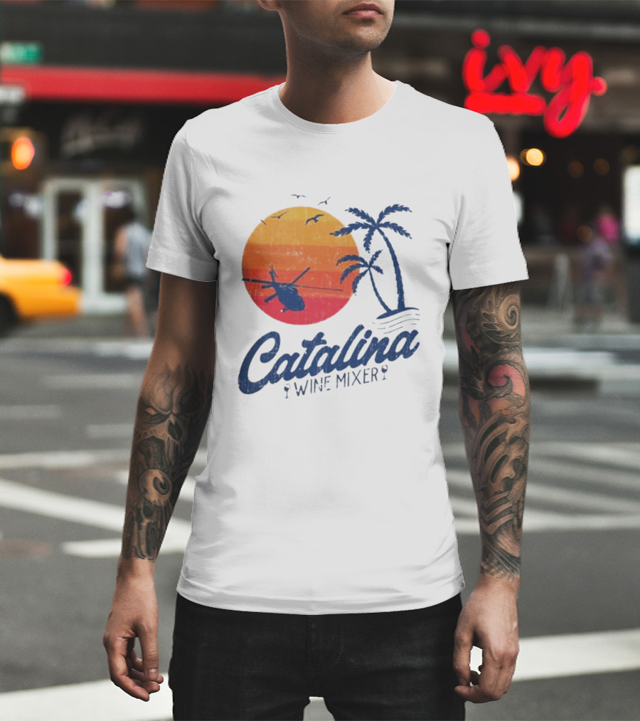 Catalina Wine Mixer Helicopter Sunset Palm Trees T-Shirt
