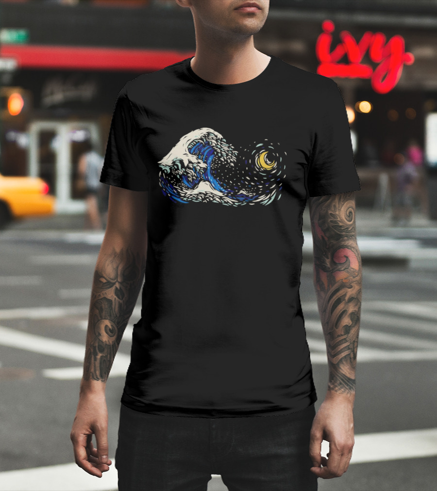 Starry Night Meets Great Wave Fusion T-Shirt