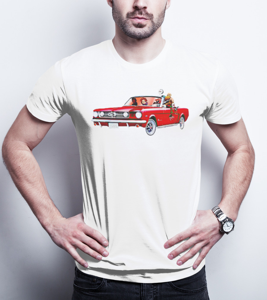 Horror Movie Icons In Red Mustang Car Driving Scene T-Shirt
