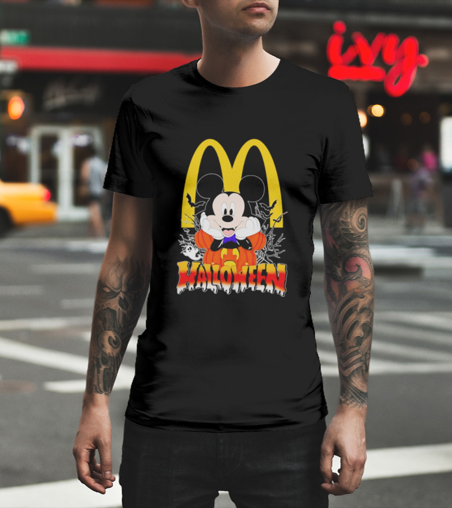 Mickey Mouse Halloween Pumpkin McDonald's Logo With Bats T-Shirt