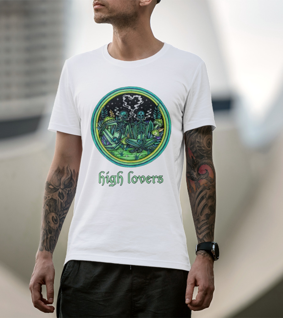 High Lovers Skeletons In Psychedelic Forest Scene T-Shirt