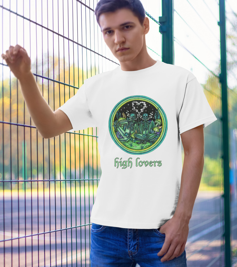 High Lovers Skeletons In Psychedelic Forest Scene T-Shirt