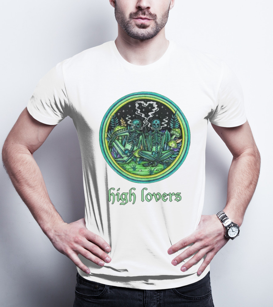 High Lovers Skeletons In Psychedelic Forest Scene T-Shirt