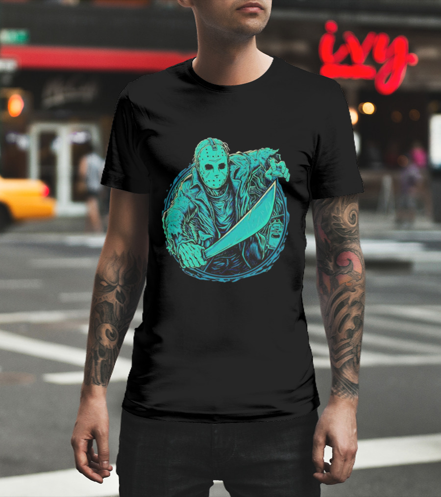 The Crystal Lake Slasher Jason Voorhees Mask And Machete T-Shirt