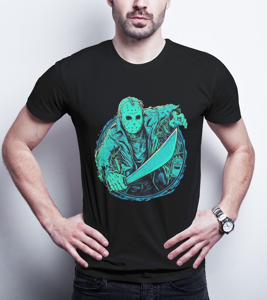 The Crystal Lake Slasher Jason Voorhees Mask And Machete T-Shirt