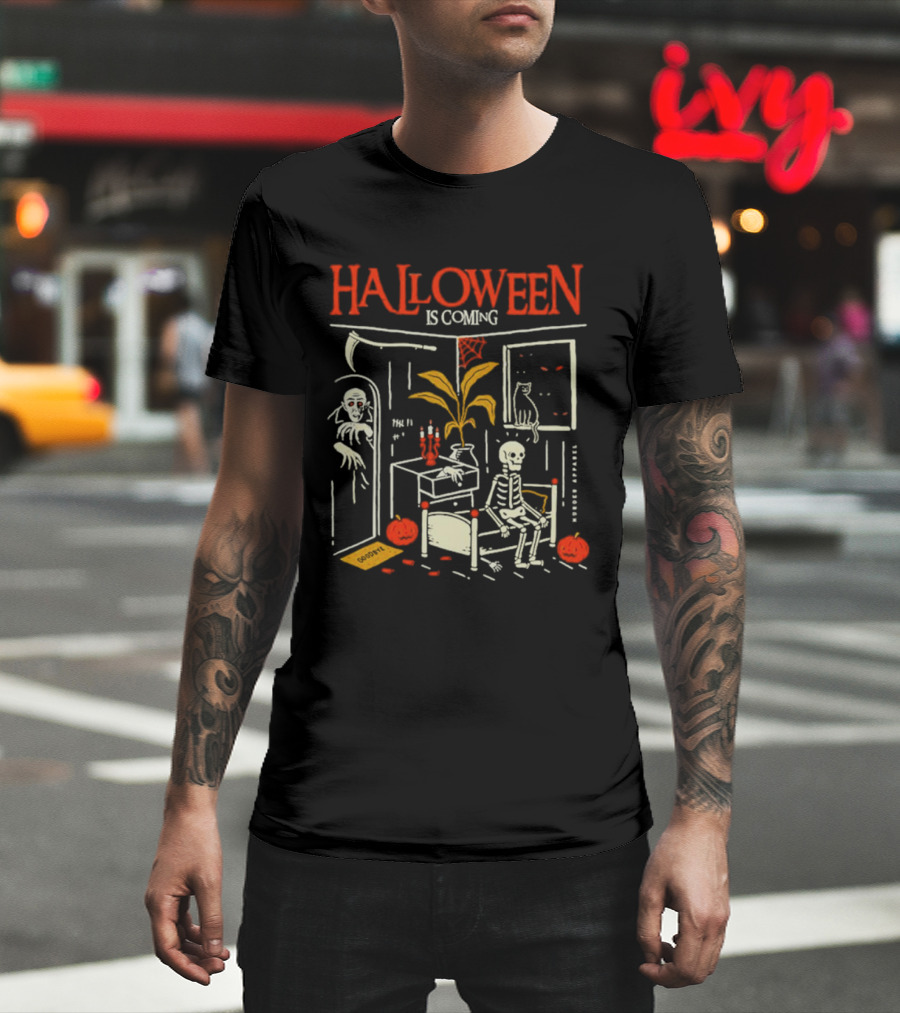 Halloween Is Coming Skeleton With Ghost And Pumpkins In Spooky Room T-Shirt