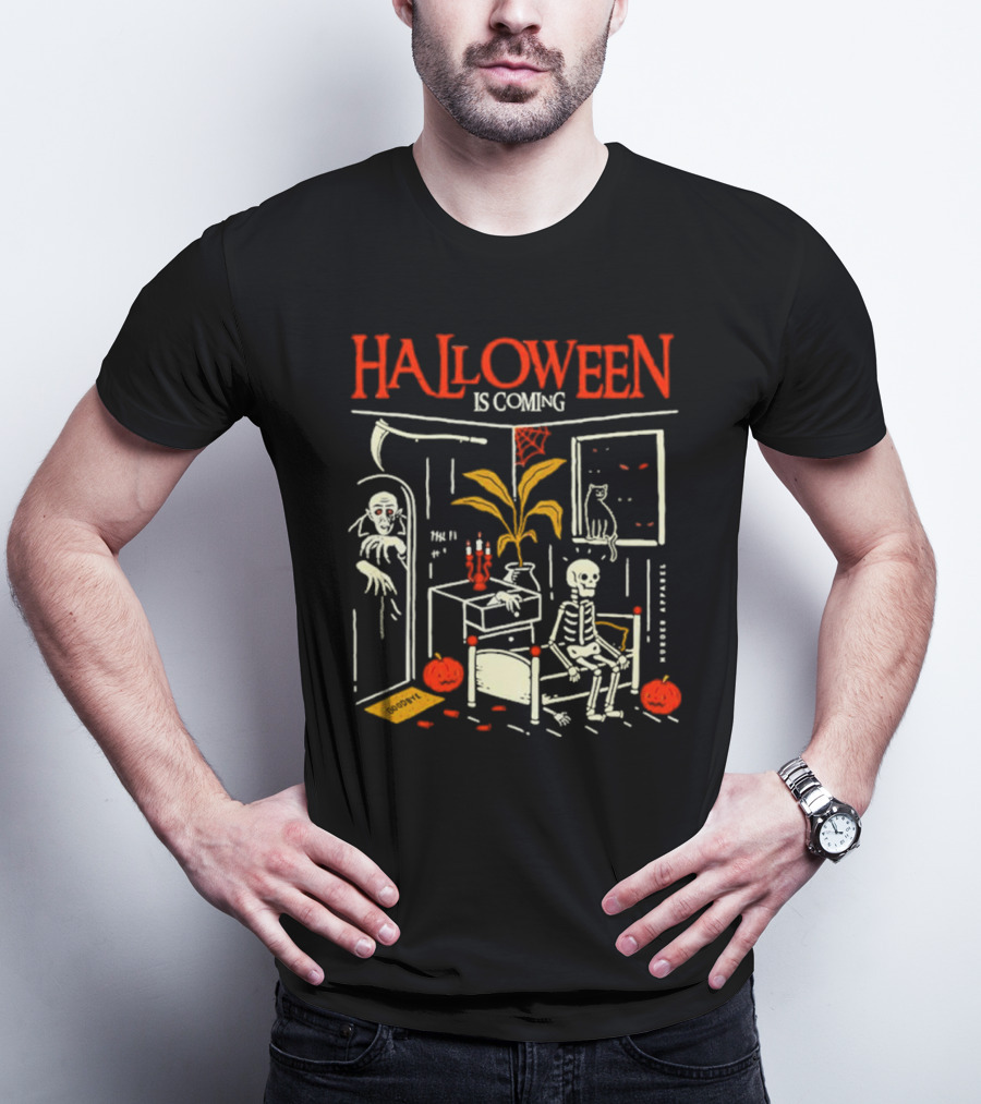 Halloween Is Coming Skeleton With Ghost And Pumpkins In Spooky Room T-Shirt