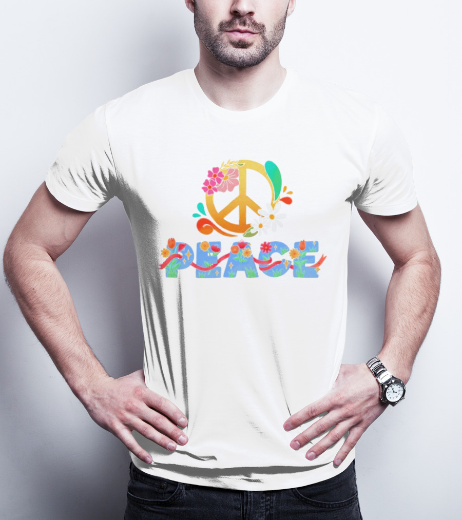 Peace Sign With Flower And Colorful Floral Lettering For International Day Of Peace T-Shirt